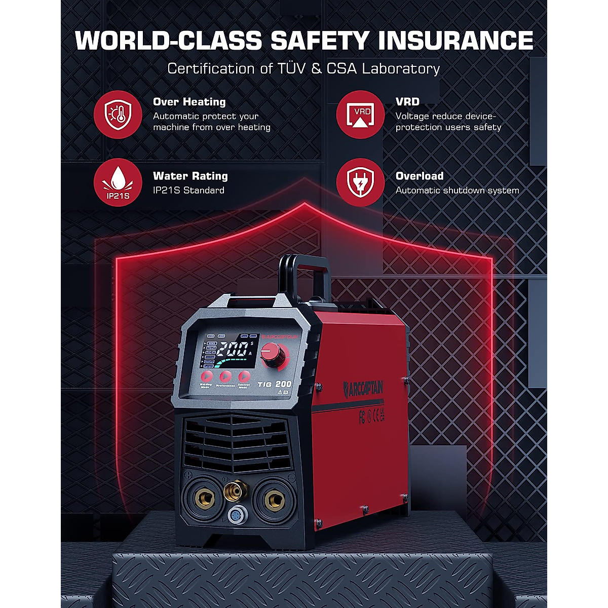 ARCCAPTAIN TIG Welder 200A, High Frequency 110v/220v Dual Voltage TIG/Stick/Arc 2 in 1 Welder LED Digital Display Welding Machine with 2T/4T Function and Tungsten Electrode