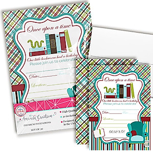 Our Little Bookworm Reading Book Lover Birthday Party Invitations, 20 5x7 Fill In Cards with Twenty White Envelopes by AmandaCreation