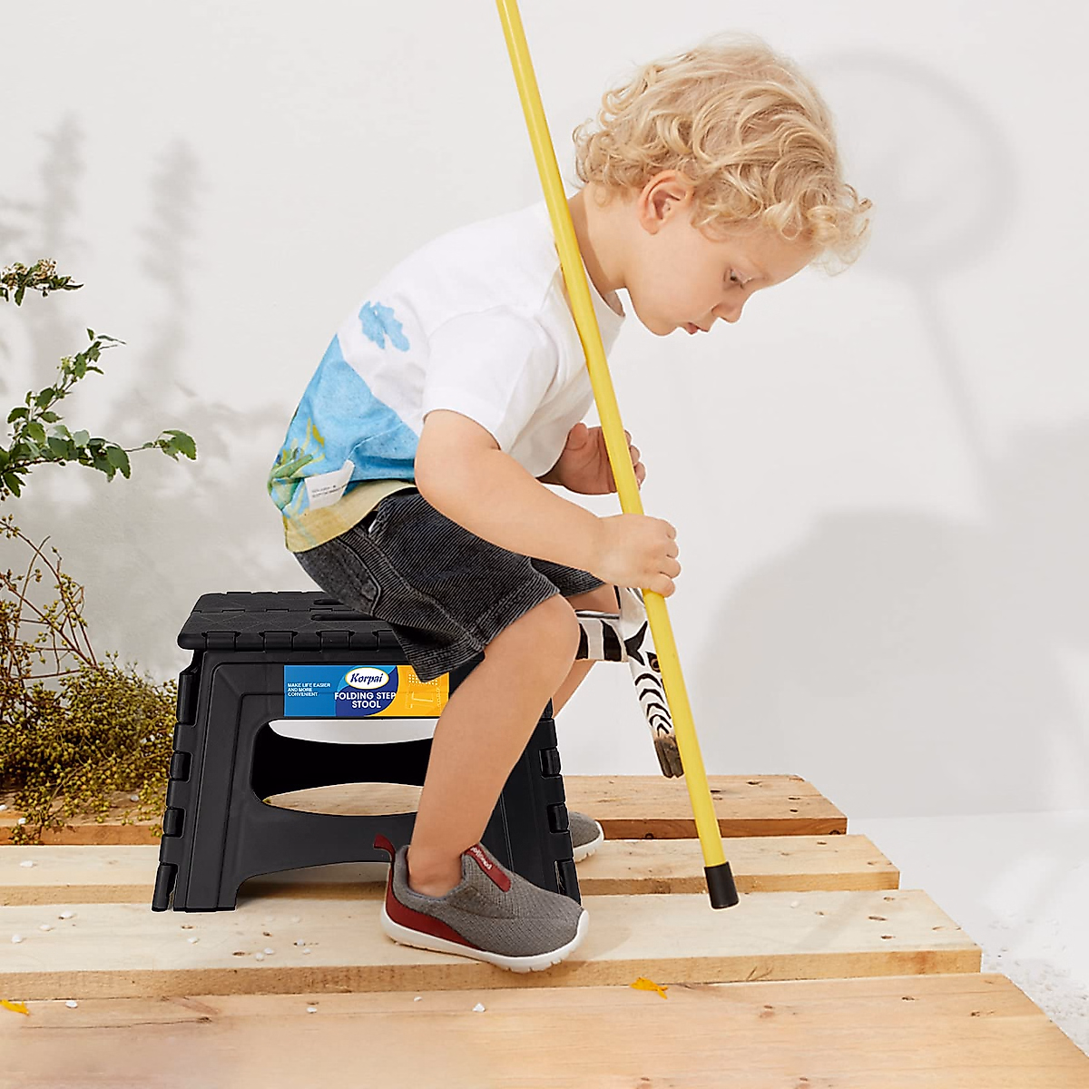 Korpai Upgrade 9" Folding Step Stool for Adults and Kids Holds Up to 300 lbs,Non-Slip Folding Stools with Portable Handle, Compact Plastic Foldable Step Stool for Bathroom, Kitchen,Black,1 PC