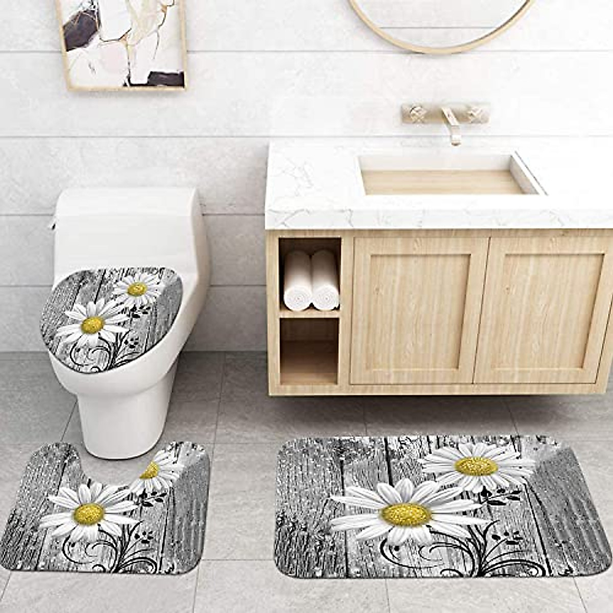 DuoBaorom 4 Pieces Set Daisy Shower Curtain Set Yellow and White Flower Rustic Wood Art on Non-Slip Rugs Toilet Lid Cover Bath Mat and Bathroom Curtain with 12 Hooks 72x72inch