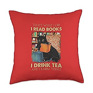 Cat Read Books Drink Tea Tee Funny Cute Gift That's what i do i Read Books i Drink Tea and i Know Things Throw Pillow, 18x18, Multicolor