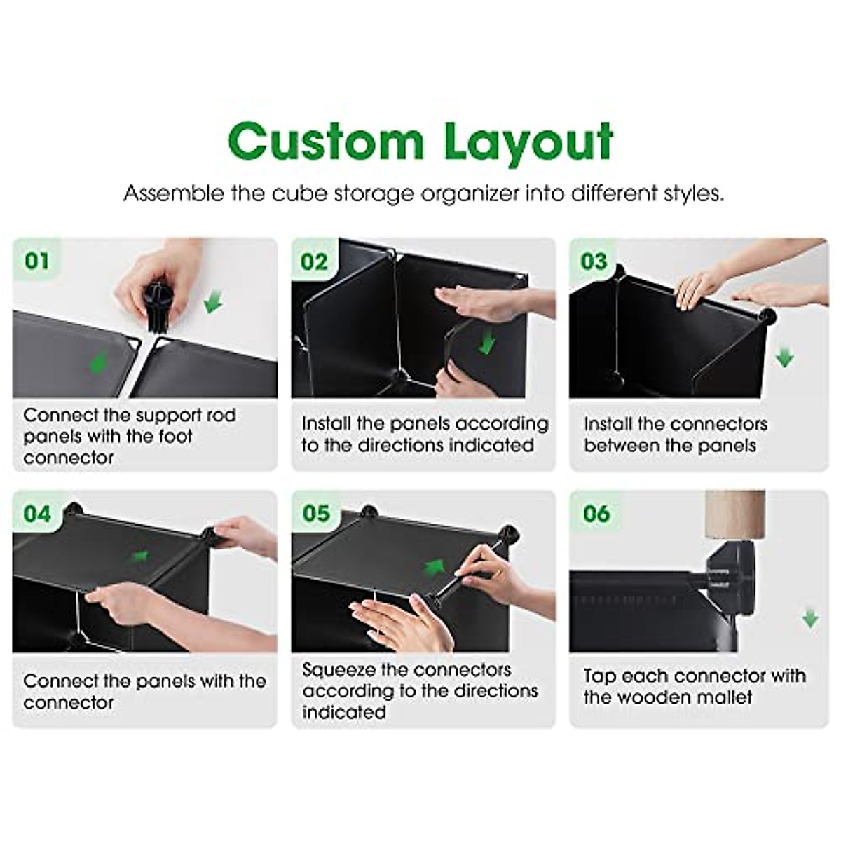 Puroma Stackable Shoe Storage Organizer Cabinet, 12-Cube Plastic Shoe Storage Rack Durable Modular Shoe Cabinet with Wooden Mallet DIY for Home, Office, Bedroom（Black