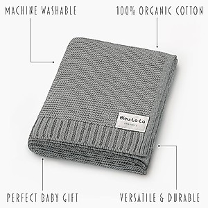 Blue La La Organic Baby Receiving Blanket - 100% Luxury Organic Cotton Unisex Gender Neutral Knit Swaddle Soft Warm Cozy Cuddle Crib Blanket for Newborns Infants & Toddlers (0-2Yrs - Ash Grey)