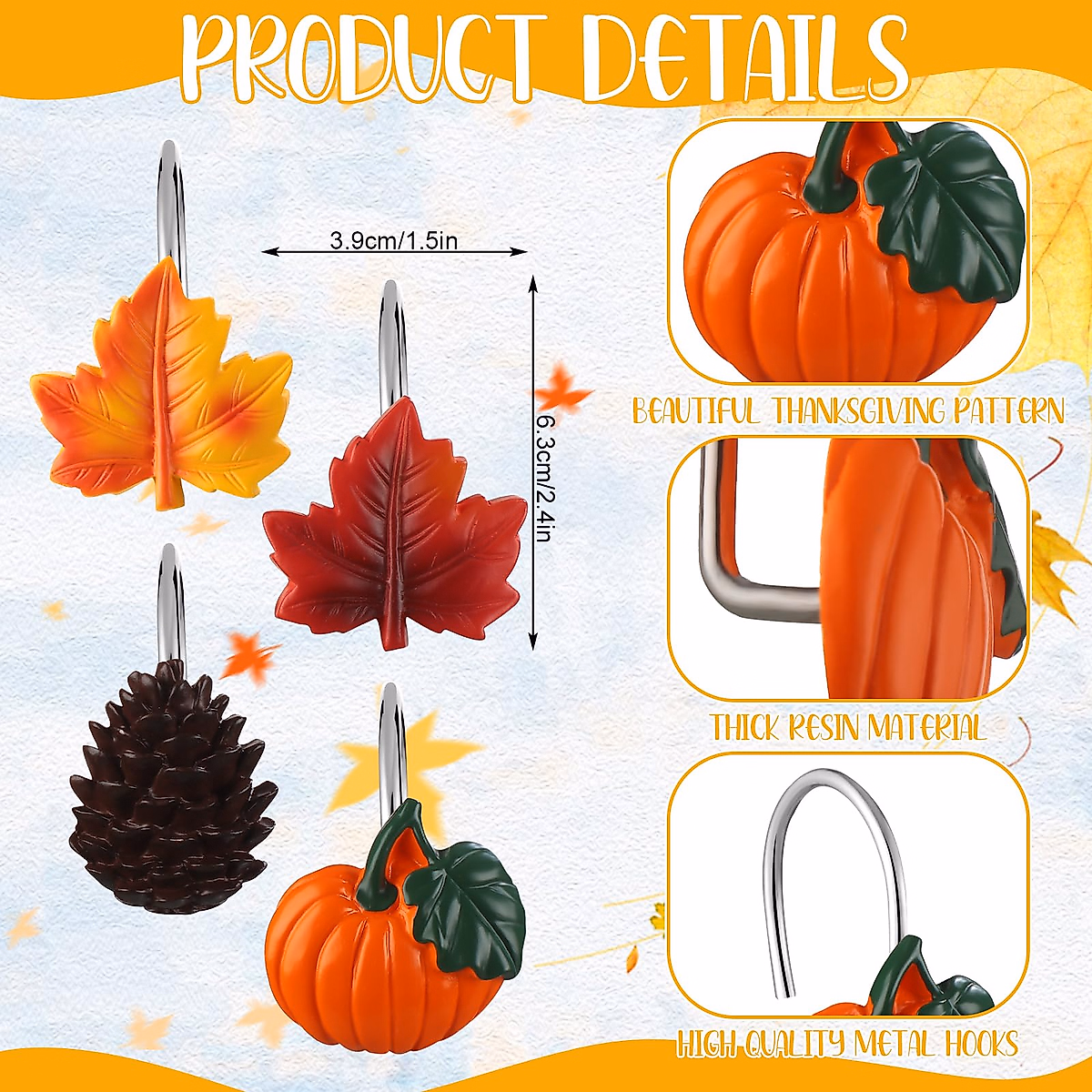16 Pcs Thanksgiving Shower Curtain Hooks Maple Leaf Decorative Shower Curtain Hooks Farmhouse Autumn Fall Pumpkins Pinecone Metal Rustproof Shower Curtain Rings for Bathroom Bedroom Room