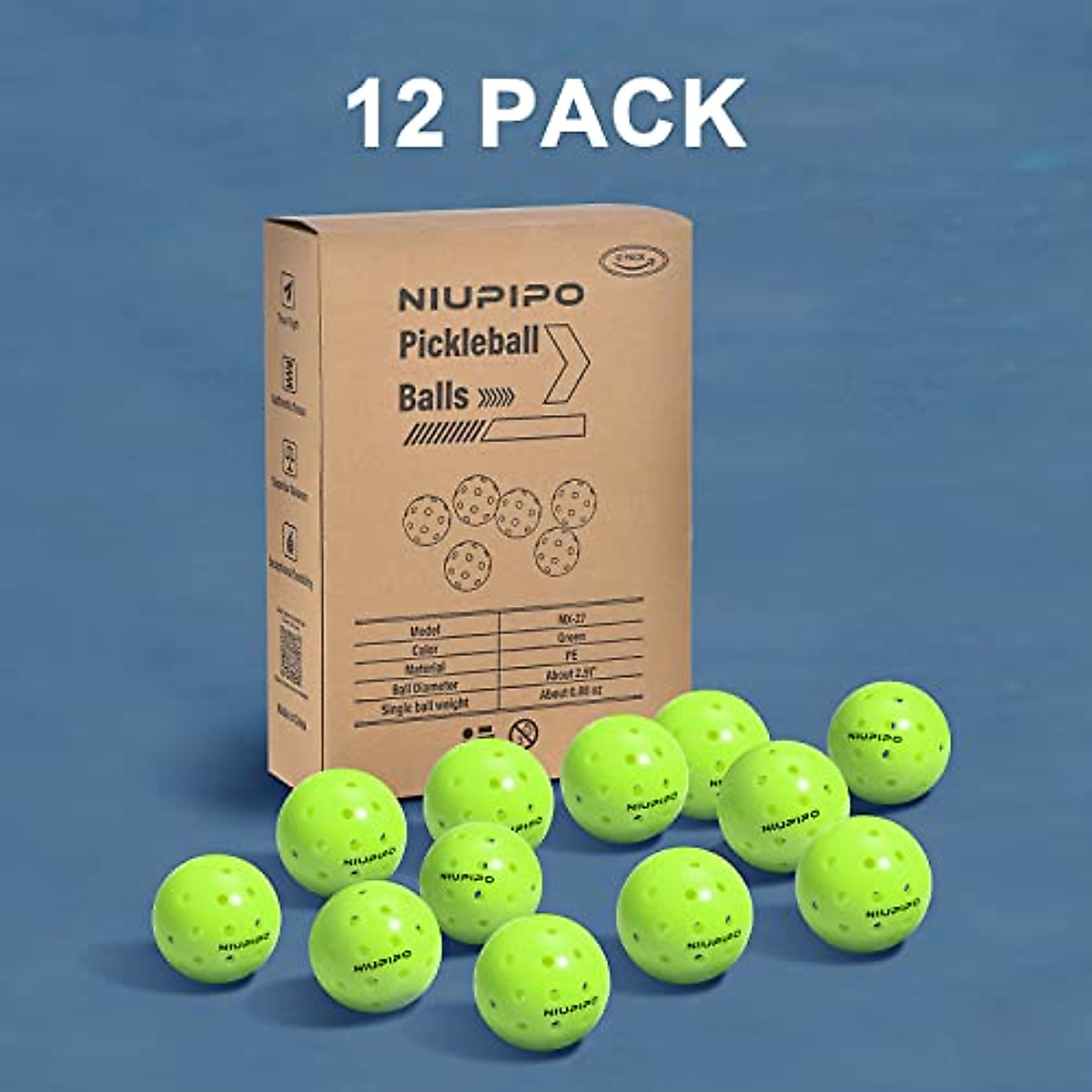 niupipo Pickleball Balls, Outdoor Pickleball Balls, USAPA Approved 40 Holes Pickle Balls for Tournament Play, Pickleball Balls, High Elasticity & Durable, Green, 12 Pickleball Balls Pack