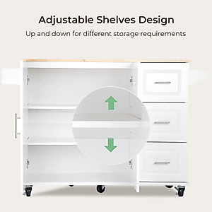 Unovivy Large Kitchen Island Cart with Drop Leaf, Kitchen Island with Storage, Rolling Kitchen Island with Adjustable Shelf Inside Cabinet, 3 Drawers, Spice Rack, Towel Rack and Wood Table Top(White)