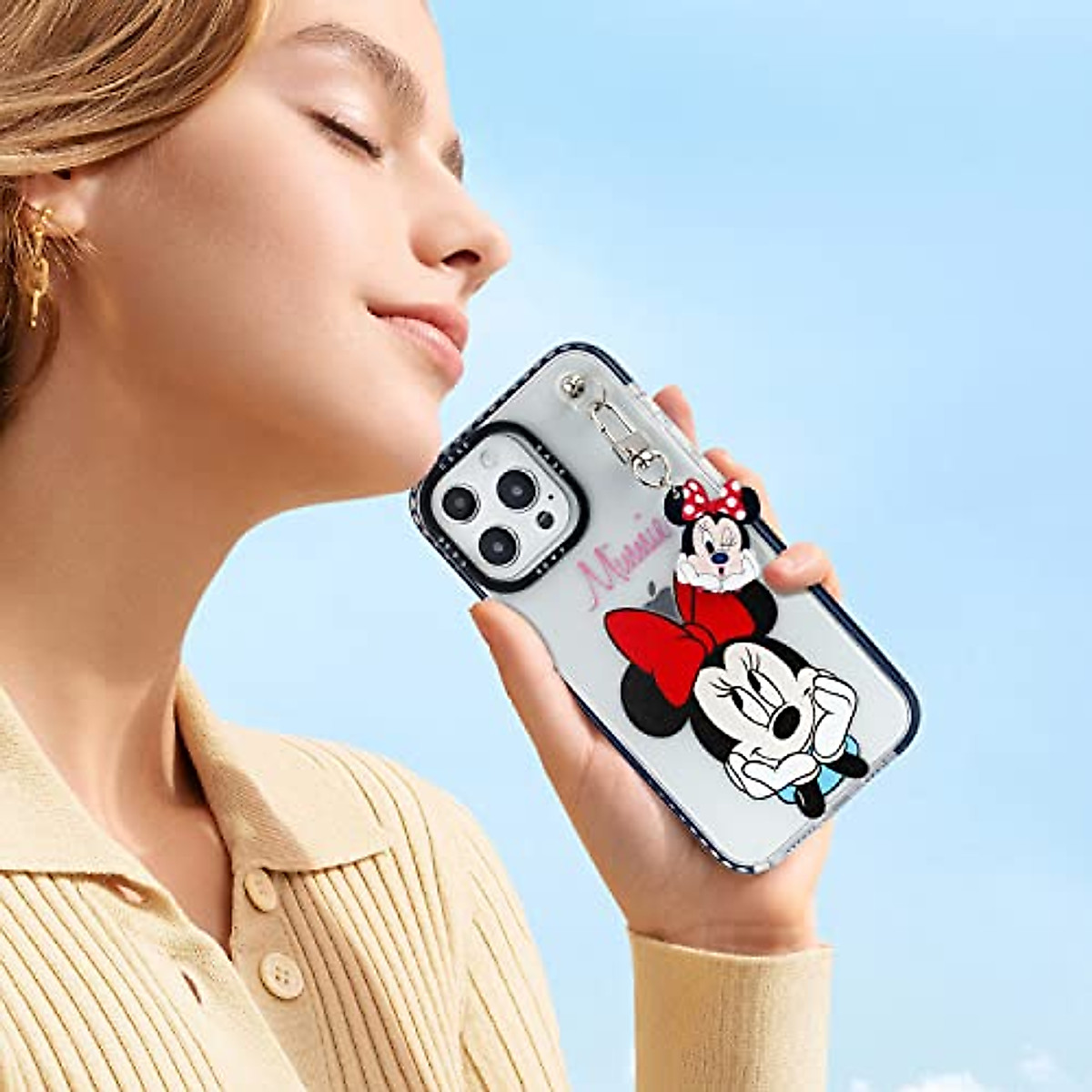 Threesee for iPhone 14 Pro Max Cute Case,Minnie Mouse Cute Cartoon Kawaii Girls Kids Women Slim Gel Rubber Bumper Soft TPU Protective Clear Case with Pendant for iPhone 14 Pro Max 6.7 inch(Minnie)