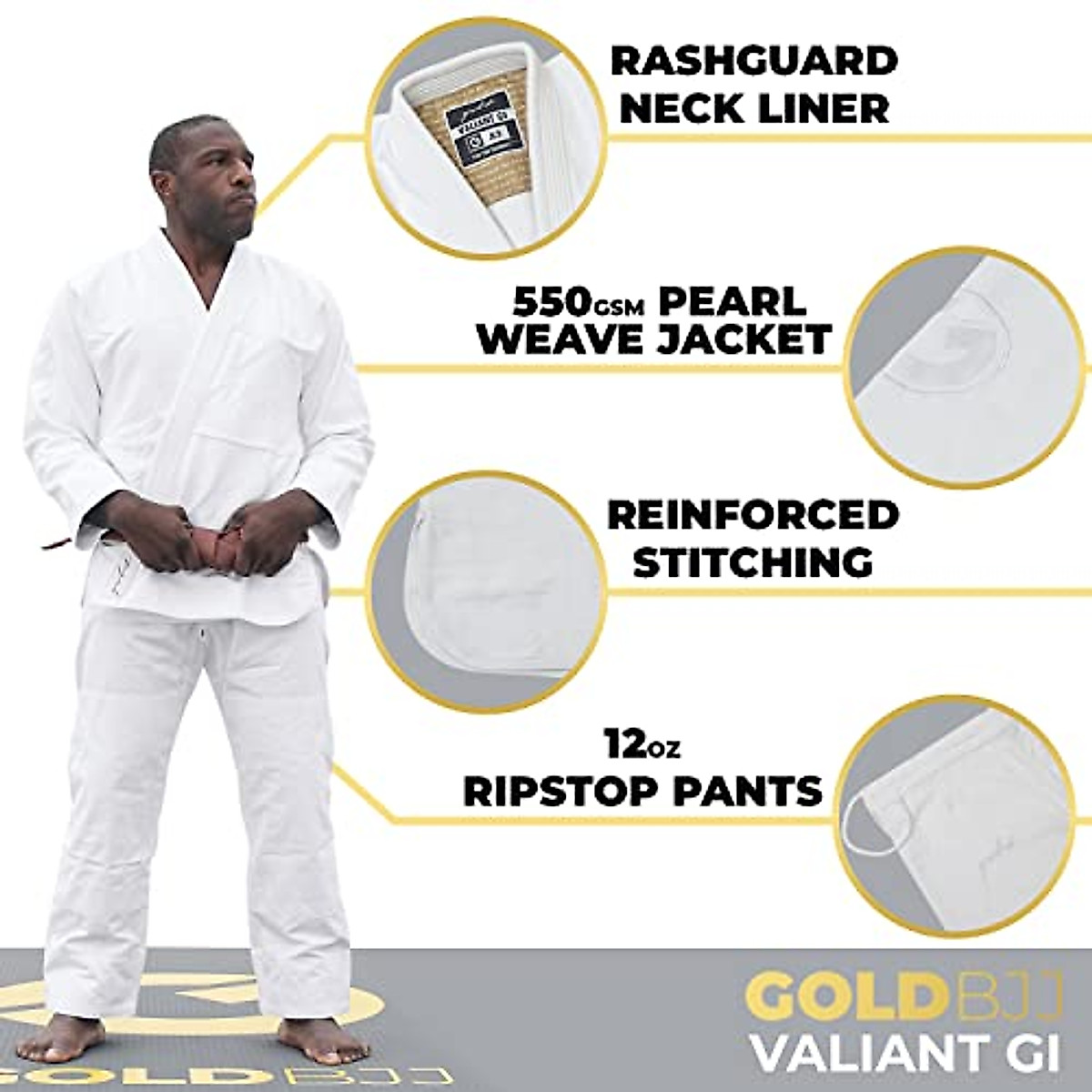 Gold BJJ Valiant Gi - Heavyweight 550gsm Pearl Weave Jiu Jitsu Uniform - IBJJF Legal (White, A2)