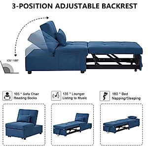 Convertible Sleeper Sofa Chair Bed, 3 in 1 Sleeper Chair Bed Ottoman with Adjustable Backrest, Pull Out Chair Bed with Pillow and Pocket, Sleeper Chair for Living Room, Apartment, Office (Blue)