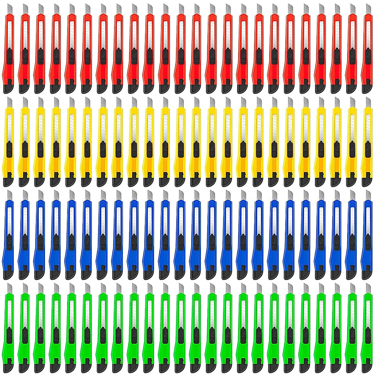 DIYSELF 96 Pack Box Cutters 100 Pcs 9MM Wide Blades of 60 Degrees, Razor Blades Utility Knife, Box Cutter Retractable, Razor Knife Suitable for Cardboard, Boxes and Cartons (4 Colors)