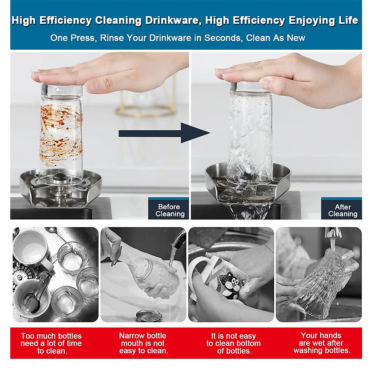 ESOW Metal Faucet Glass Rinser for Kitchen Sinks, Auto Flushing with 10 Powerful Water Spraying Holes, Bottle Washer, Cup Cleaner, Bar Accessories, Stainless Steel 304 Brushed Nickel Finish