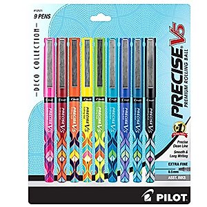 PILOT Precise V5 Stick Liquid Ink Rolling Ball Stick Pens, Extra Fine Point (0.5mm) Assorted Ink Colors, 9-Pack (12571)