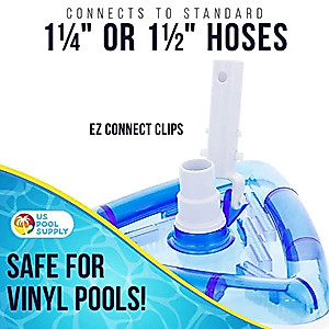 U.S. Pool Supply Weighted Transparent Triangular Pool Vacuum Head with Swivel Hose Connection and EZ Clip Handle - Connect 1-1/4" or 1-1/2" Hose - Removes Debris, Clean Corners - Safe for Vinyl Pools