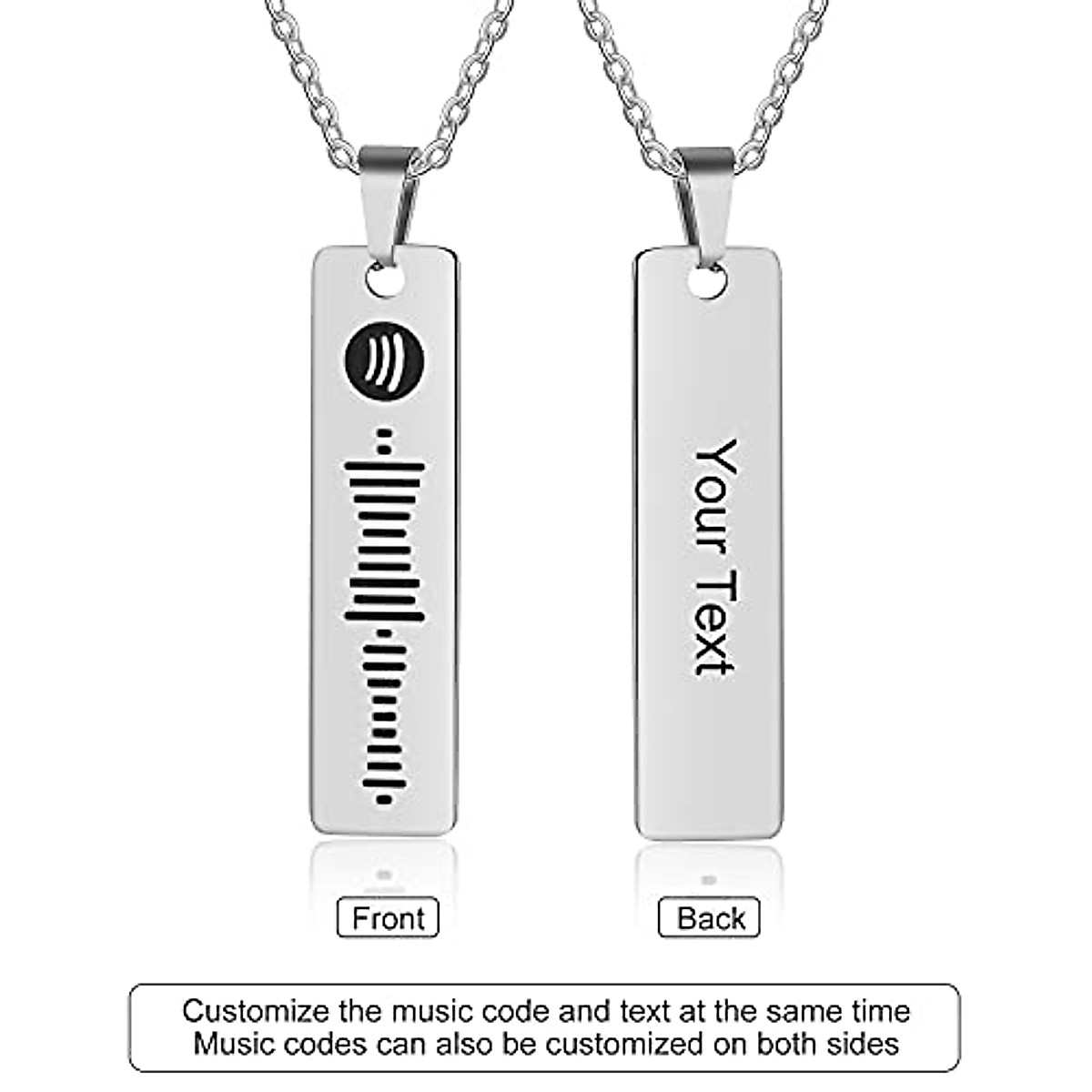 Personalized Music Spotify Scan Code Necklace Custom Bar Pendant Necklace for Women Men Engraved Name Necklace Stainless Steel Necklace Jewelry Gift(Silver)
