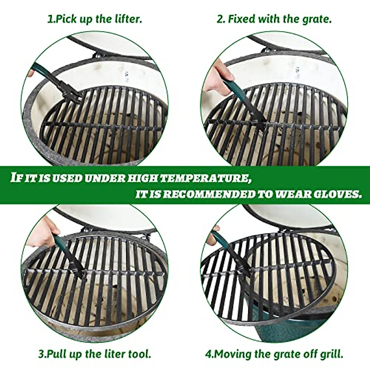 OLIGAI Grill Grate Lifter Gripper Kamado Grill Accessories,Cast Iron Grid Lifter for Big Green Egg,Grill Grate Lifter fit Most Charcoal Grills and Gas Grills,Grill Accessories for Moving Hot Plate