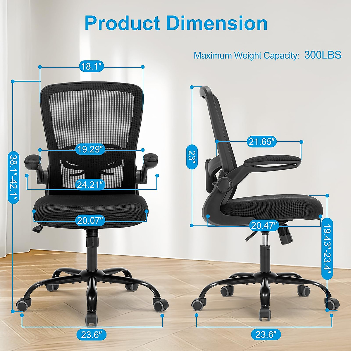Office Computer Desk Chair，Ergonomic Executive Office Chair with Mesh, Adjustable Lumbar Support, Swivel Rolling for Home, Bedroom, Study, Student, Adults, Black