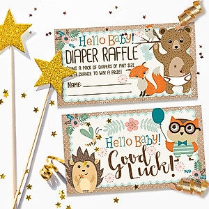 Diaper Raffle Tickets - Woodland Animals Card, Cute Fun Animals and Colorful Baby Shower Games Raffle Sign and Ticket, Gender Neutral, Baby Party Decorations, Set of 50 Double Sided Raffle Cards