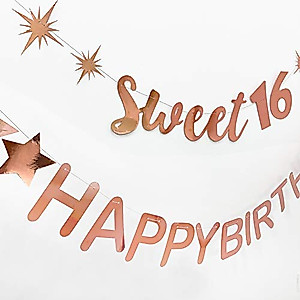 Rose Gold Sweet 16 Happy Birthday Banner Garland for Sweet 16 Decorations Hanging Sweet 16 Signs Foil Balloon 16 for Girls 16th Happy Birthday Party Banner for Sweet Sixteen Party Decor Supplies