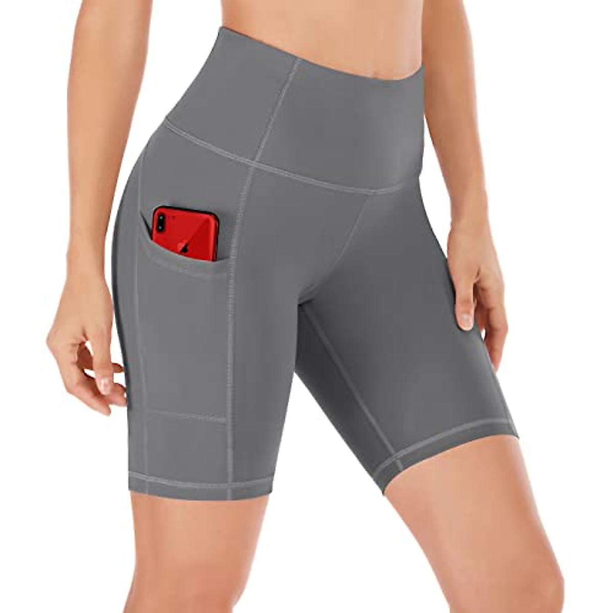 Ewedoos Biker Shorts Women Tummy Control Workout Shorts with 3 Pockets High Waisted Compression Gym Running Yoga Shorts Women Gray