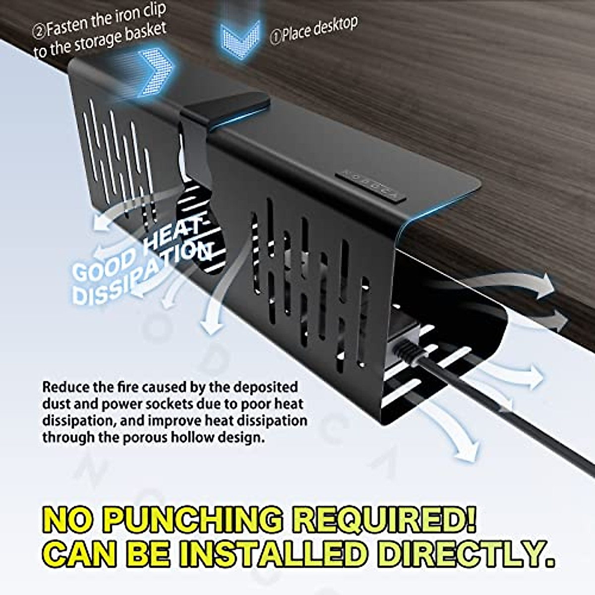 NODOCA No Drill Under Desk Cable Management Tray, 14'' Wire Management, Punch-Free Clamp on, Newest Metal Cable Tray, Wire Organizer Under Desk, Under Desk Basket for Office and Home, Black