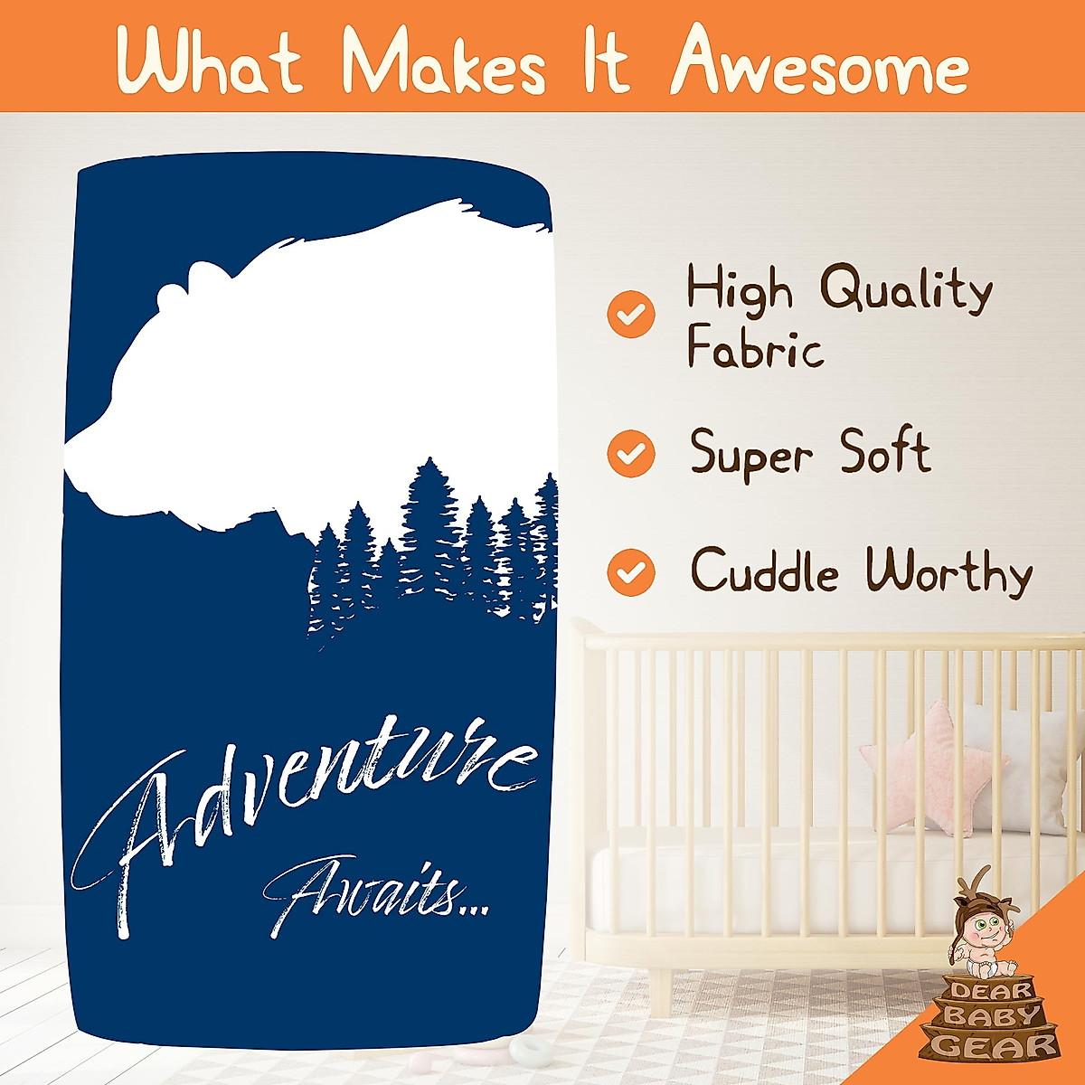 Dear Baby Gear Deluxe Crib Sheet Cotton Polyester Baby Crib Sheets, Soft Machine-Washable Crib Mattress Sheet, Baby Bed Sheets - Black Bear with Pine Trees Print, 52"x28"x10"