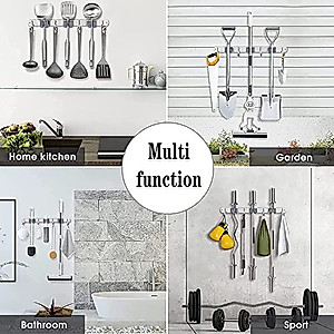 2 Packs Broom and Mop Holder Wall Mounted Garage Organizer Storage Tool Racks Heavy Duty Stainless Steel Mop Holder 4 Hooks 3 Clips, Holds up to 14 Tools for Laundry Room Garden Garage Closet Kitchen