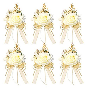 Ndeno Ivory Rose Wrist Corsage and Boutonniere Set Artificial Men Wristlet Band Bracelet for White Wedding Flowers Ceremony Accessories Prom Suit Decorations（6pcs Boutonnieres,Champagne）
