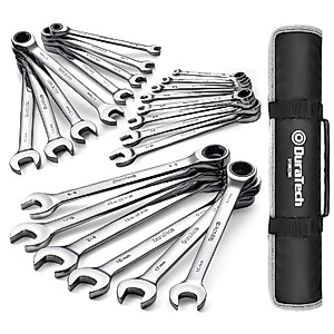 DURATECH Ratcheting Wrench Set, Combination Wrench Set, SAE & Metric, 22-piece, 1/4" to 3/4" & 6-18mm, CR-V Steel, with Pouch