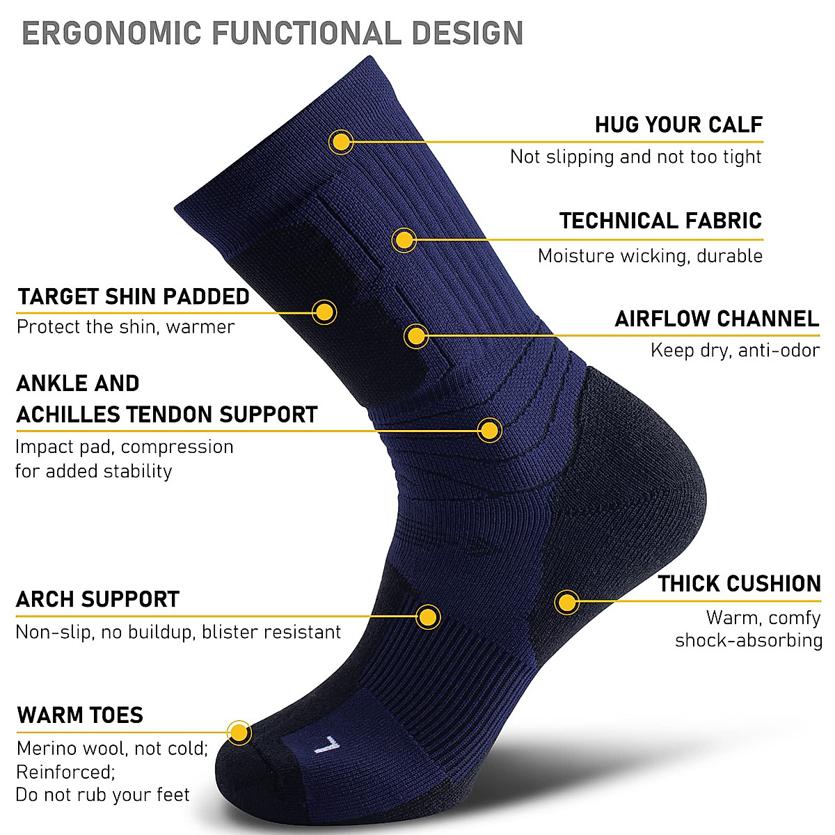 SHESMILED Merino Wool Hiking Walking Crew Socks 3 Pack, Cushion, Quick Dry, Anti Blister for Snow Boots Winter Thermal, Cold Weather Outdoor Sports Toe Warm, Arch Compression, Large, Navy Blue