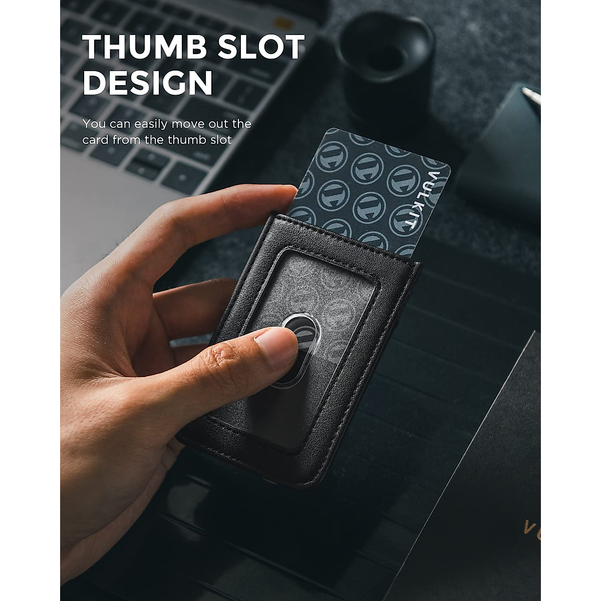 VULKIT ID Badge Holder with Lanyard for Women and Men Vertical Leather Badge Holder with Clear ID Window Card Holder Slot and Money Pocket Black