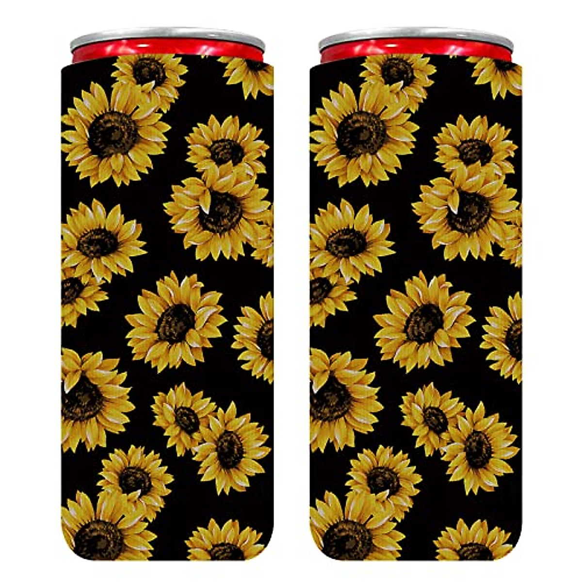 XccMe 2pcs Slim Can Cooler, Colourful Neoprene Beer Cooler Beer Coolies Beer Holders Perfect for 12oz Slim Cans like Red Bull, White Claw, Slim Beer and Spiked Seltzer Water（Sun Flower）