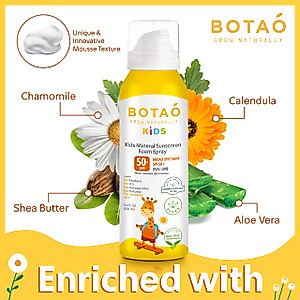 BOTAO Kid’s Mineral Zinc Oxide Sunscreen Foam Spray: SPF50 Broad Spectrum UVA UVB, Children or Kid’s for sensitive skin, Sunburn Protection, Zinc Oxide, 3.4 Oz (1-Pack)
