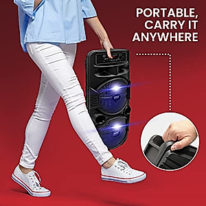 Pyle Portable Bluetooth PA Speaker System - 600W Rechargeable Outdoor Bluetooth Speaker Portable PA System w/ Dual 8” Subwoofer 1” Tweeter, Microphone In, Party Lights, USB, Radio, Remote - PPHP2835B
