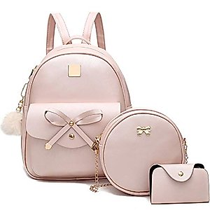 I IHAYNER Girls Bowknot 3-Pieces Fahsion Leather Backpack Backpack Purse for Women Rucksack for Ladies Shoulder Bag Pink