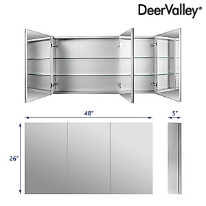 Deer Valley Medicine Cabinet with Mirror, 48" W x 26" H Bathroom Mirror with Storage, 3 Doors Frameless Modern Wall Mount Mirrored Medicine Cabinets with 2 Adjustable Shelves DV-1MC0149