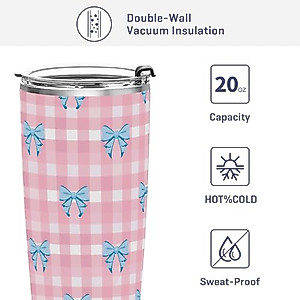 Pink Plaid Bow Stainless Steel coffee cups with lids with Straw Lid Camping Mug for camping simply flip straw tumbler 20 OZ