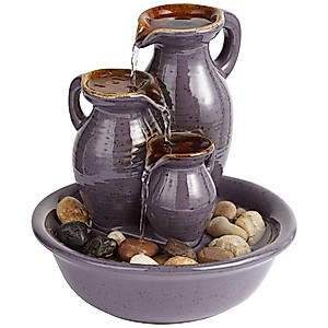 Triple Jug Zen Indoor Cascading Small Tabletop Water Fountain Chocolate Speckle Ceramic Real River Rock 9" for Table Desk-Top Home Office Bedroom House Relaxation Living Room - John Timberland