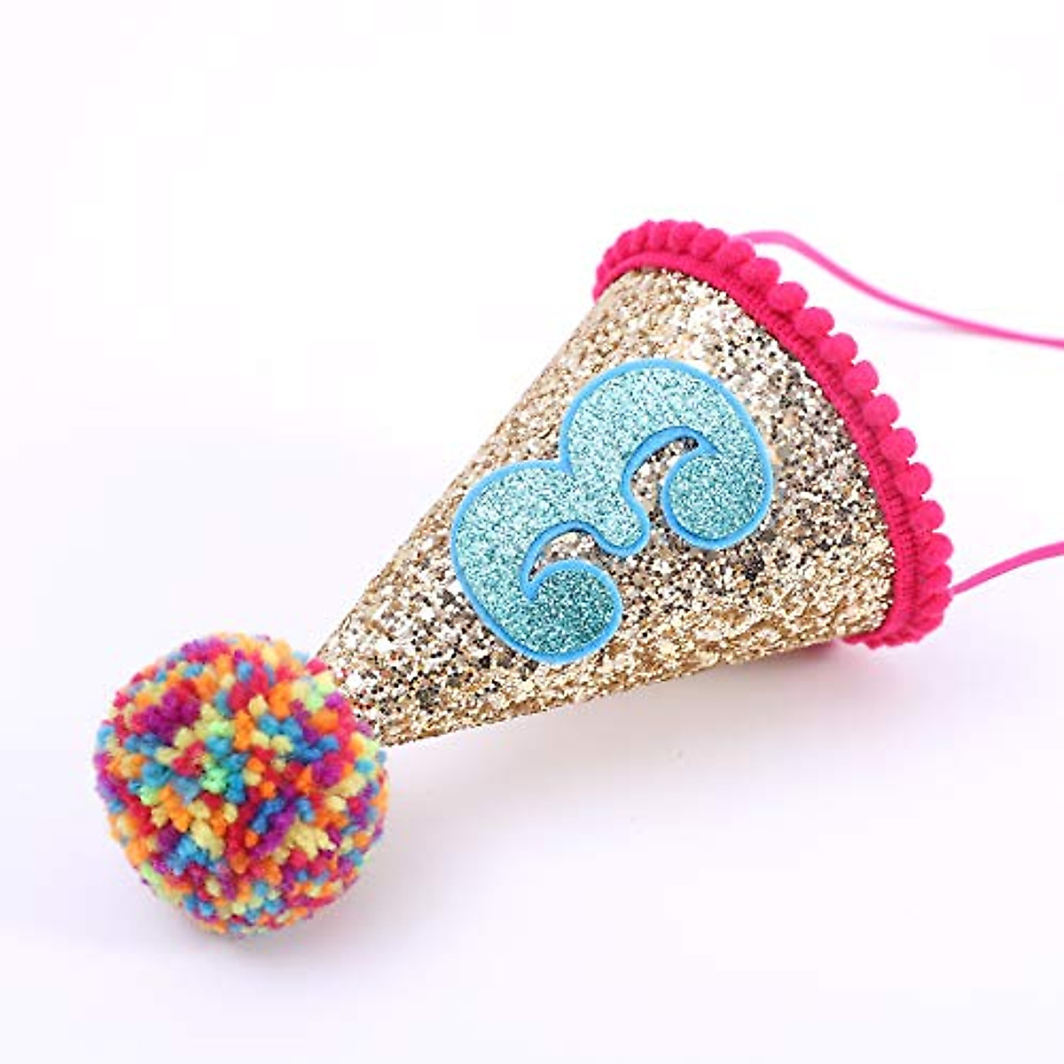 Baby's Cone Hat for 3rd Birthday Celebration - Colored Fur Balls Glitter Crown Cap with Handmade Details for Girls/Boys