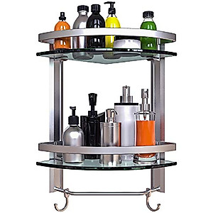 Vdomus 2 Tier Glass Corner Shelf, Bathroom Organizer Shower Caddy, Shower Shelve with Towel bar Wall Mounted, Glass Bathroom Shower Shelf Brushed Silver Finished