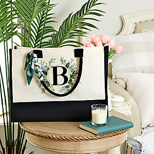 CROWNED BEAUTY Canvas Tote Bag with Zipper Pocket, Personalized Birthday Gift for Women, Floral Initial Letter B Bag for Vacation Beach CT02-B