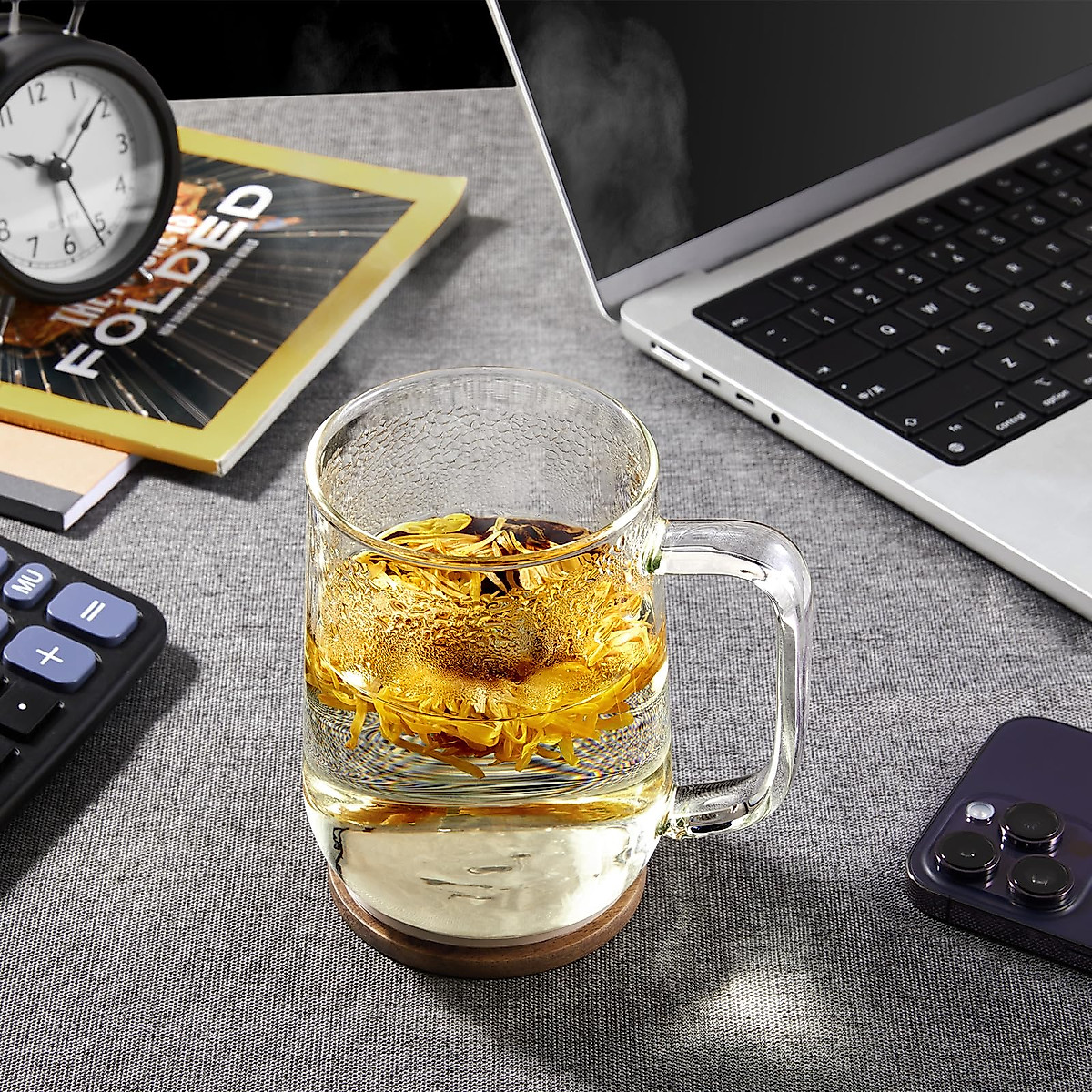 Bivvclaz Glass Coffee Mugs Set of 2, 16 oz Glass Coffee Cups with Acacia Wood Lid, Clear Borosilicate Glass Mugs with Handles for Cappuccino, Tea, Latte, Hot/Cold Beverages, Wine, Americano