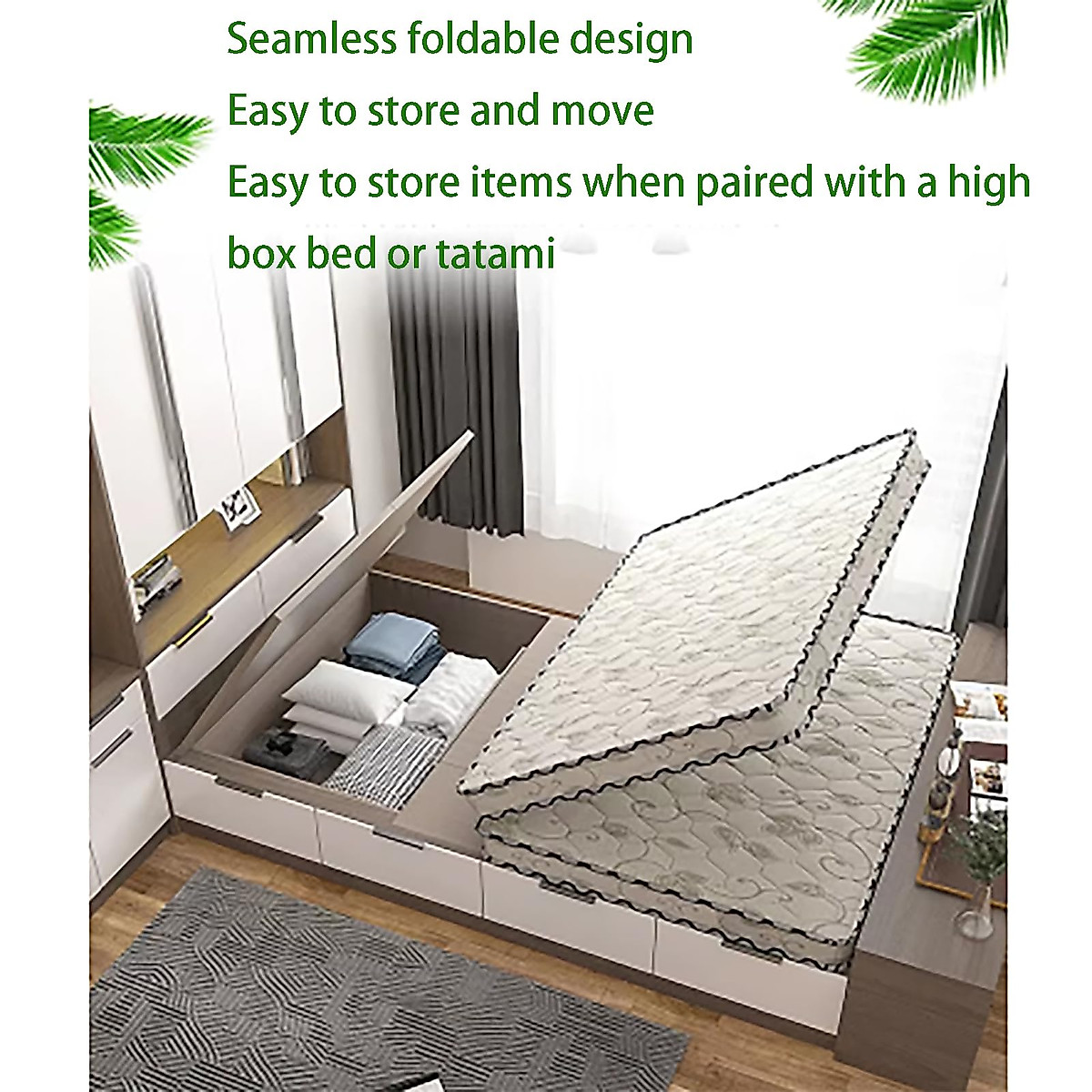 MSSHUANG Tri-fold Coir Mattress 8cm Single Mattress Tatami Mattress has Good air Permeability and is Easy to Store and Move,Ribbon Style,1.35x1.9m