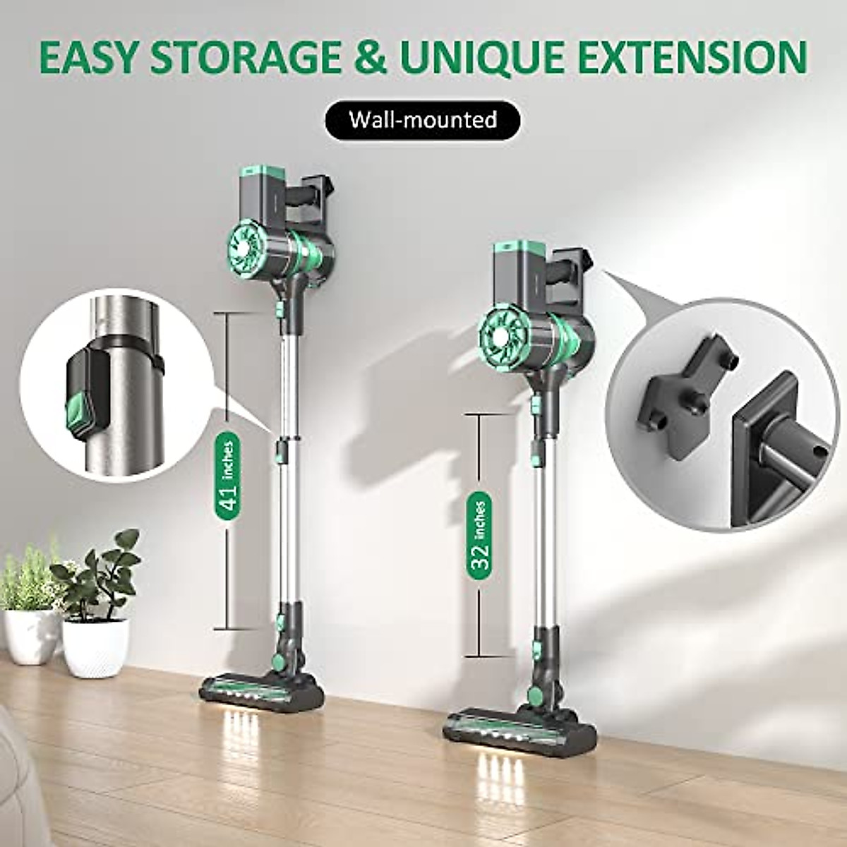 PRETTYCARE Cordless Vacuum Cleaner, 180W Powerful Suction Stick Vacuum with 35min Long Runtime Detachable Battery, 6 in 1 Lightweight Quiet Vacuum Cleaner Perfect for Hardwood Floor Pet Hair, Green