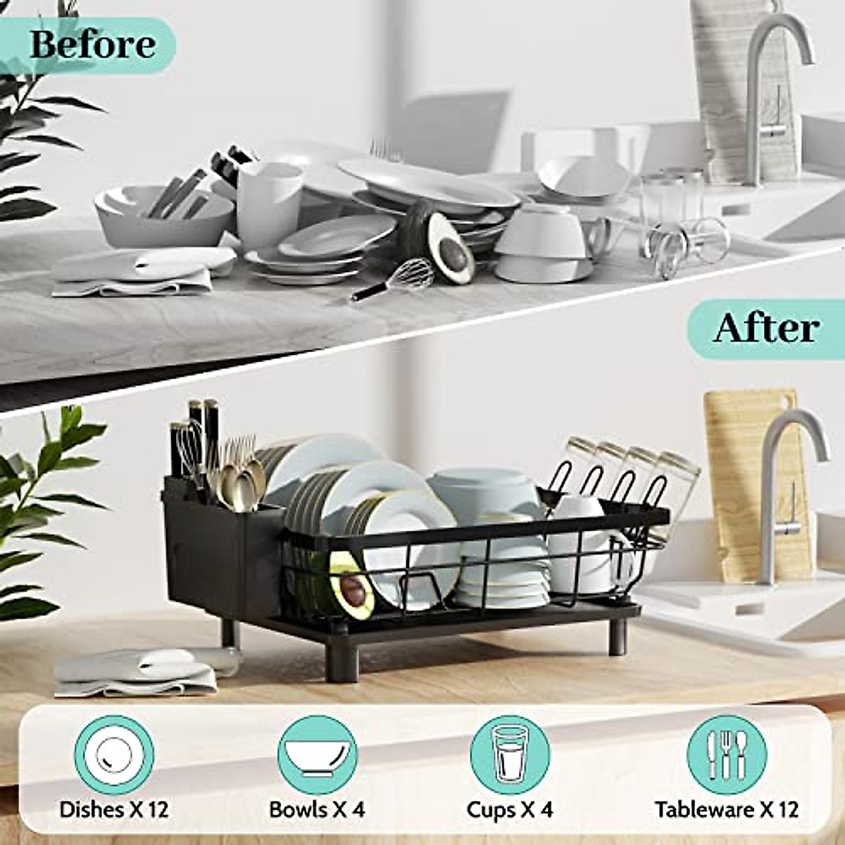 BUDO Dish Drying Rack, Stainless Steel Plate Rack with Drainboard, Removable Utensils and Cup Storage Holder, 360° Swivel Spout for Kitchen Counter (Black)