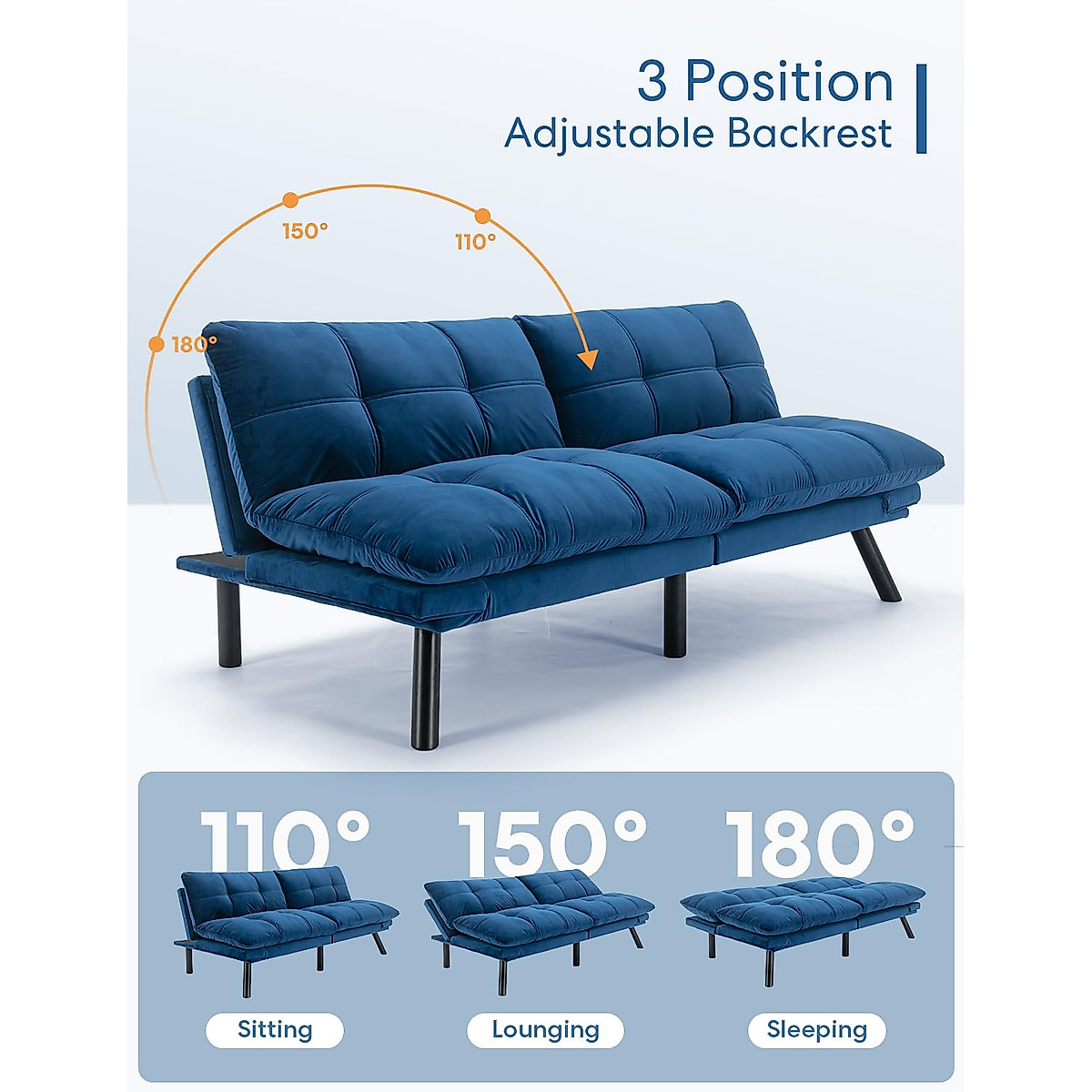 Velvet Convertible Futon Sofa Bed, 71" Comfy Loveseat Sleeper Sofa with Adjustable Backrest Armrest, Strengthen Wood, Thick Padded Cushion, Small 2 Seater Futon Couch for Living Room,Bedroom (blue)