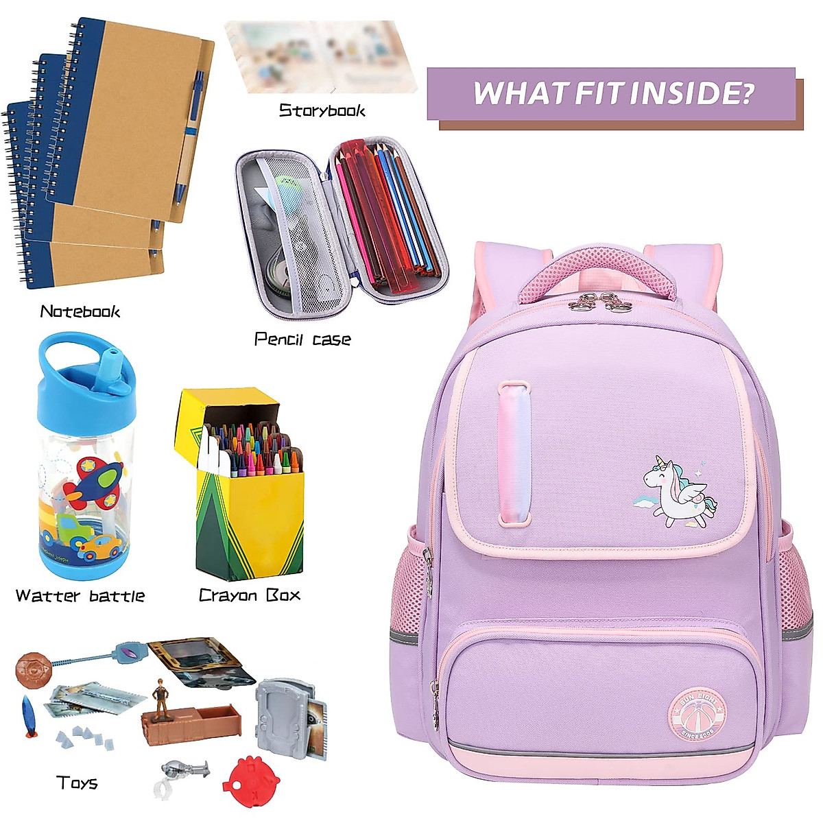 Tanou Kids Backpacks for Girls, 13'' Kindergarten School Backpack, Breathable Bookbags with Reflective Strip for Girl 3-7 Years, Purple Unicorn