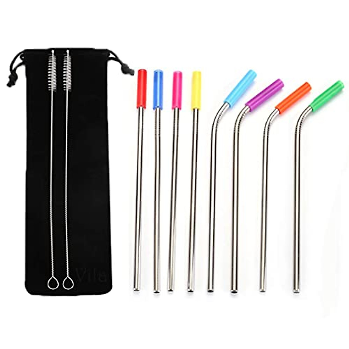 No Chew Cat Stainless Steel Straws with Silicone Tip, 10.5", Reusable, 4 Bend and 4 Straight Straws with 2 Brushes, 8 Pcs per Pack
