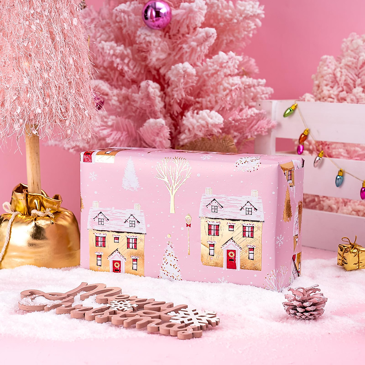 WRAPAHOLIC Reversible Christmas Wrapping Paper - 30 Inch X 100 Feet Jumbo Roll Pink House with Christmas Tree and Polka Dots Design with Metallic Foil Shine