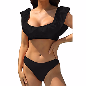Luna Wave Women's Two Pieces Swimsuit Ruffle Trim Square Neck Tops Bikini Buttom Set Swimwear Tankini Beach Vacation Holiday Outfit Solid Black XL