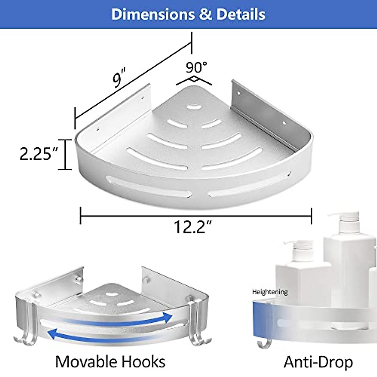 pentaQ 2 Pack Corner Shower Shelves with 8 Removable Hooks, No Drilling Adhesive Wall Mounted Aluminum Bathroom Shelf, Corner Shower Caddy Shelf Basket Shampoo Holder Organizer